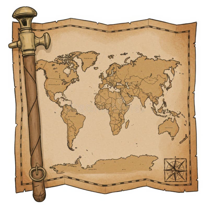Antique World Map with Wooden Staff Stock Illustration - Illustration ...