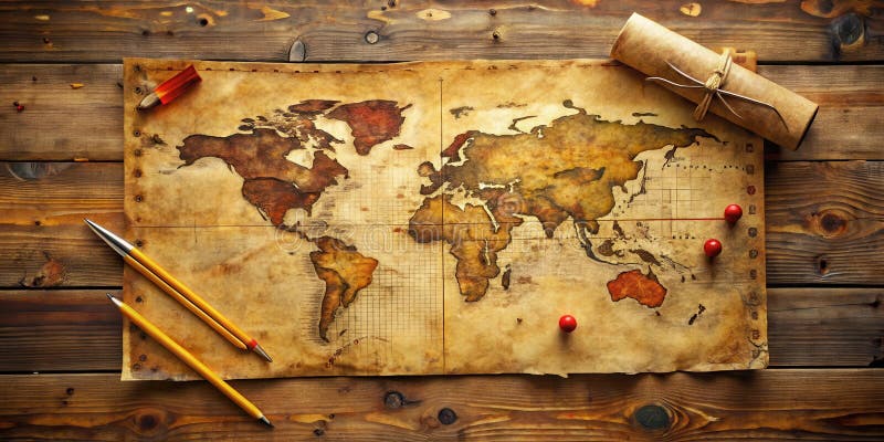 Antique World Map with Writing Instruments and Rolled Parchment on ...