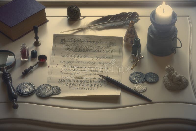 Antique Writing Materials and a Candle on the Table Stock Photo - Image ...