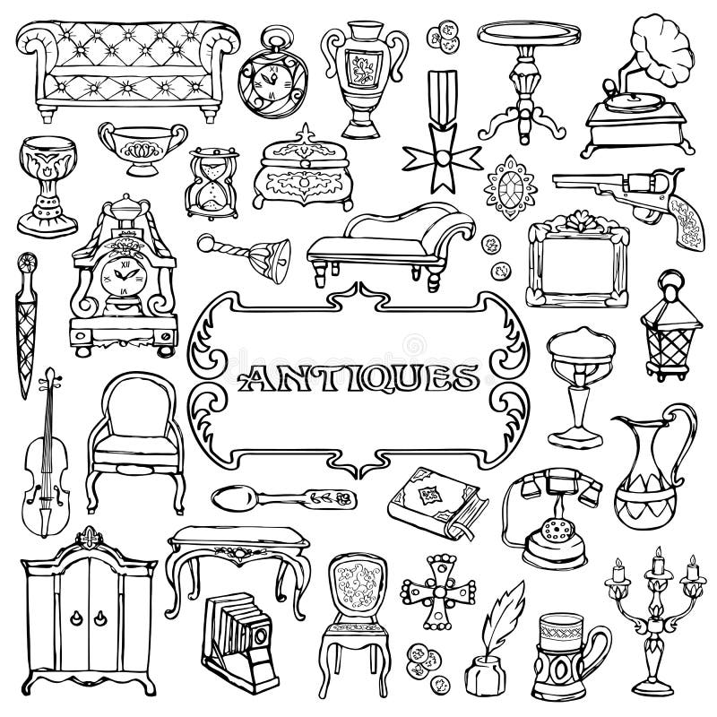 Antiques Doodle Set stock vector. Illustration of vintage - 96558588