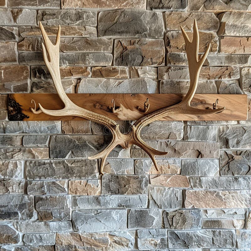 Antler Rack Mounted on Wood Against Stone Wall Stock Image - Image of ...