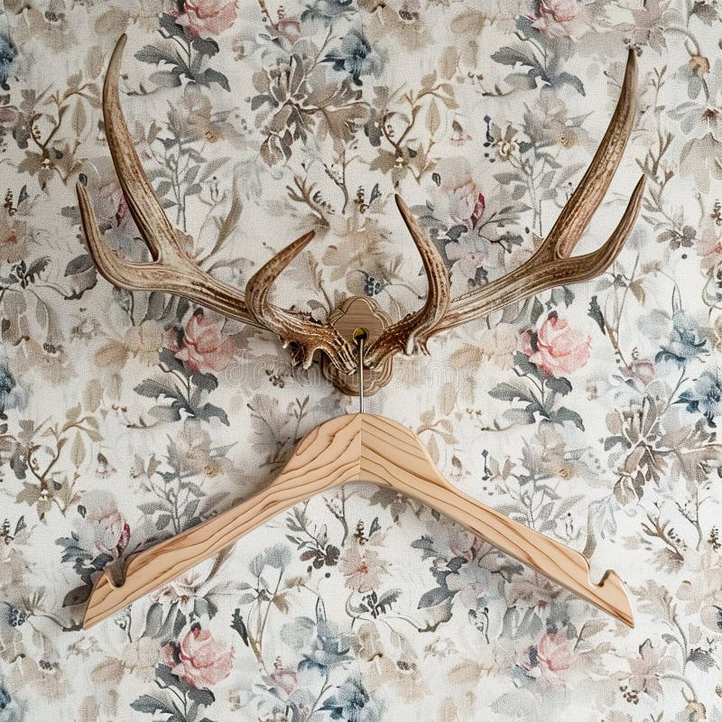 Antler Wall Mount with Wooden Hanger Stock Image - Image of design ...