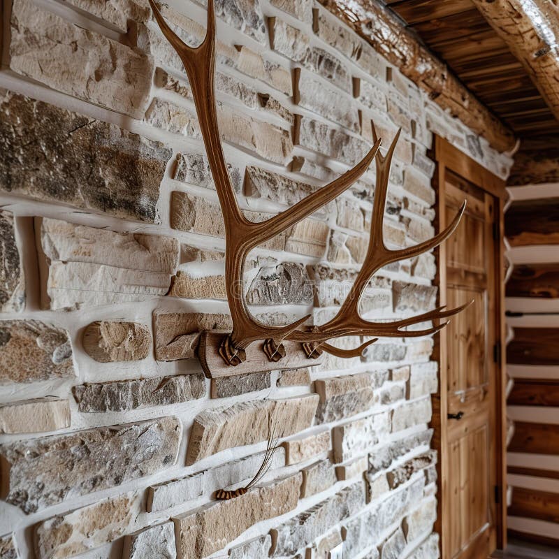 Antlers Mounted on a Rustic Brick Wall in a Cabin Stock Image - Image ...
