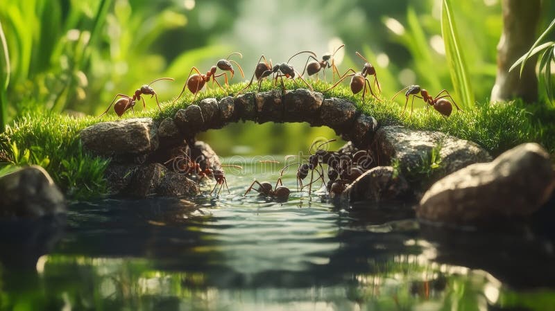 Ants Building a Bridge Over a Stream Amidst Lush Greenery Stock ...