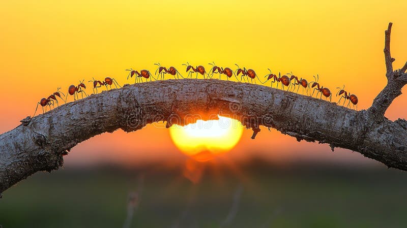 Ants Carrying Cargo on a Branch at Sunset Stock Illustration ...