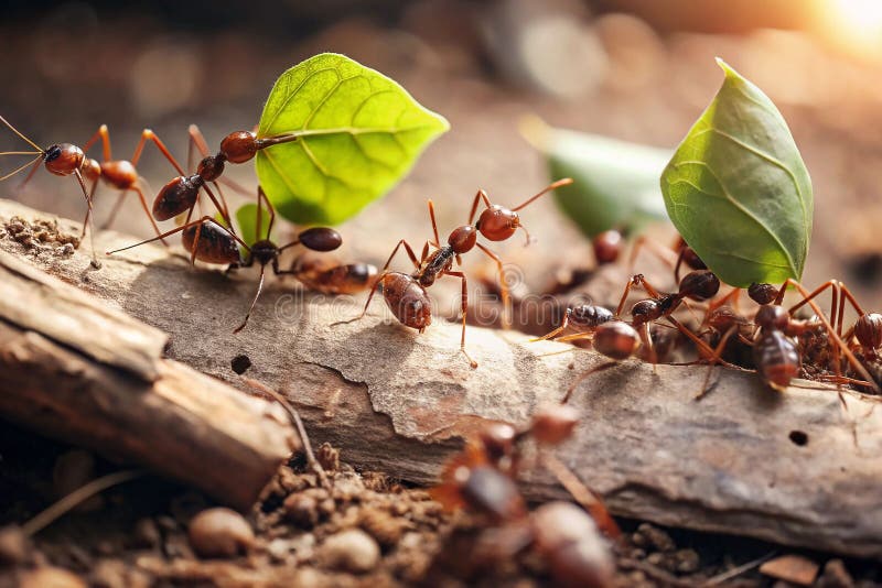 Ants Carrying Leaves on Log in Forest at Sunrise Stock Illustration ...