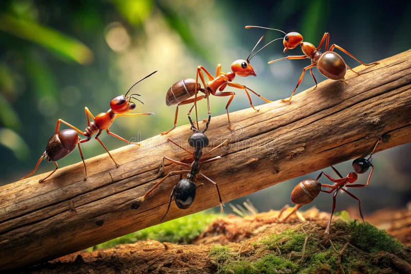 Ants Collaborating on a Log in a Forest Stock Illustration ...