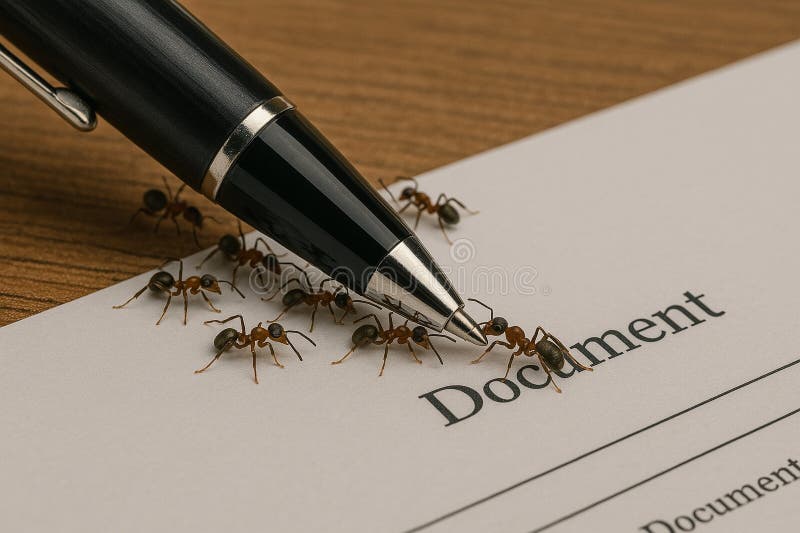 Ants Crawling on Document Near Pen Tip. Generated AI Stock Illustration ...