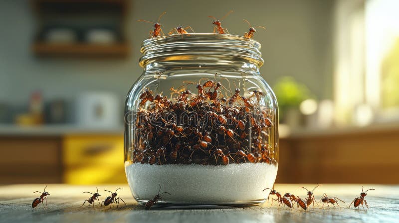 Ants Crawling in Glass Jar Surrounded by Sugar in Bright Kitchen Stock ...