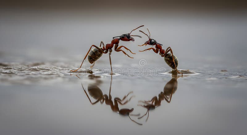 Ants Encounter Reflected on Water Surface Depicting Teamwork and ...