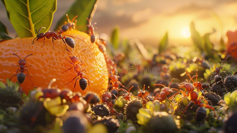 Ants and Fruit in the Garden. Concept of Teamwork and Teamwork Stock ...