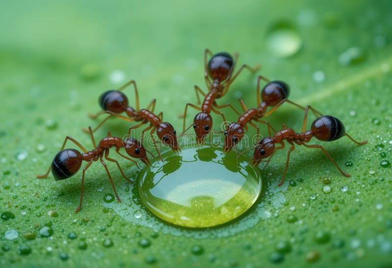 Ants Gather Around Water Droplet on a Green Leaf Surface Stock ...