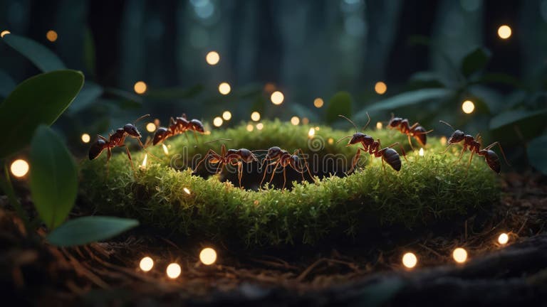 Magical Ants Gathering at Night in Enchanted Forest Stock Illustration ...