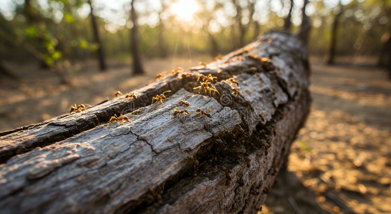 Ants Marching on a Log at Sunset in the Forest Habitat Stock Photo ...