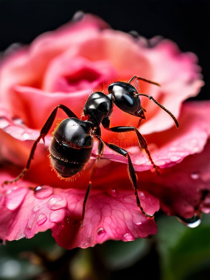 Ants on a Pink Rose with Water Droplets. Stock Photo - Image of color ...