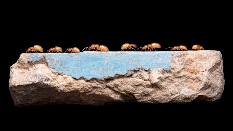 Ants on a Rock with Blue Paint Isolated on Black Background Stock ...