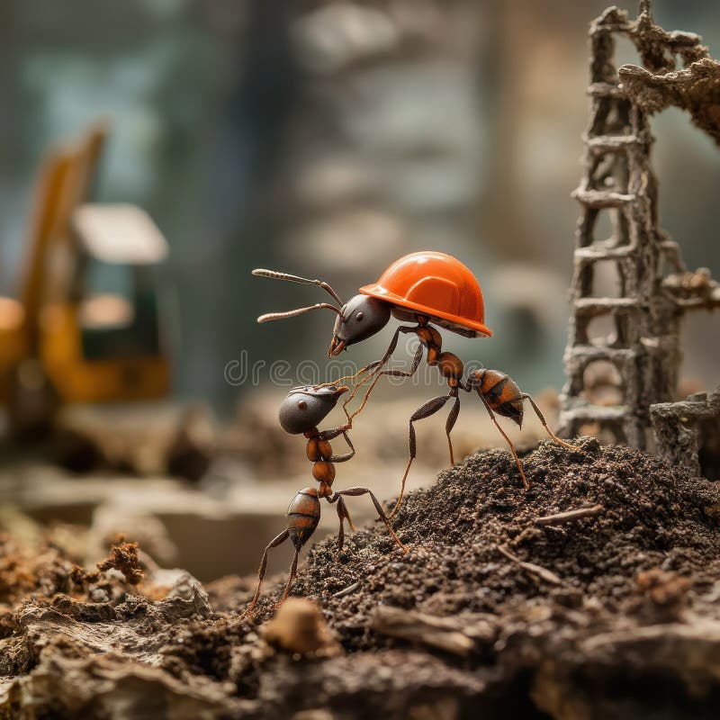 Ants Wearing Helmets in a Miniature Construction Site Stock Photo ...