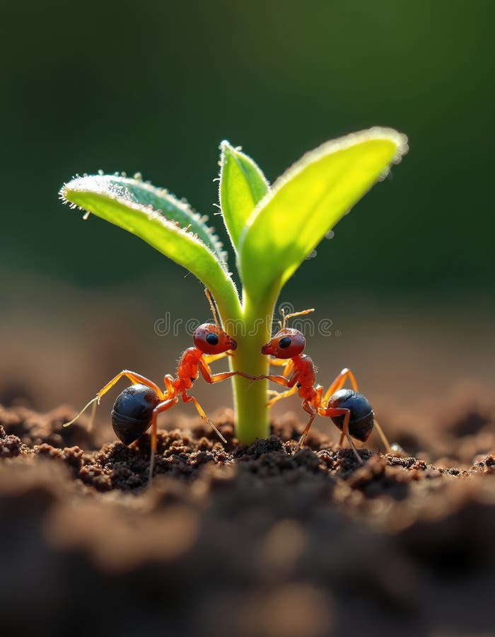 Ants Work Together Nurturing Small Plant. Insect Teamwork ...