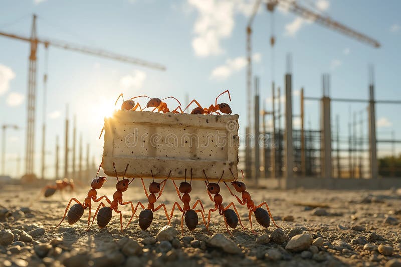 Ants Work Together To Lift Concrete Bricks at Construction Site Stock ...