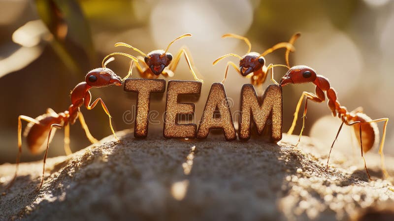 Ants Working Together To Hold Up Letters Spelling Team on a Sandy ...