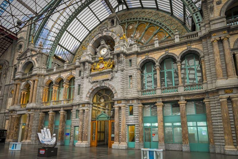Interior View of NMBS Antwerp Central Railway Station with Clock on ...