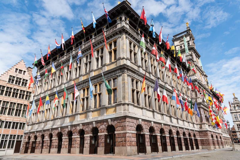 Antwerp City Hall Building with Multiple Flags on it Stock Photo ...