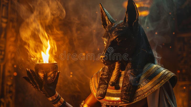 Anubis Holding a Flame in an Ancient Egyptian Setting Illuminated by ...