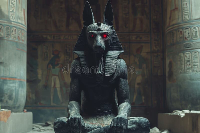 Anubis Statue in Front of Columns and Murals, Captivating with Fiery ...