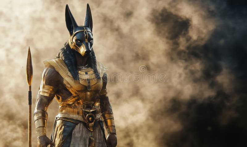 Anubis Statue in Golden Armor with Spear Against Smoky Background Stock ...