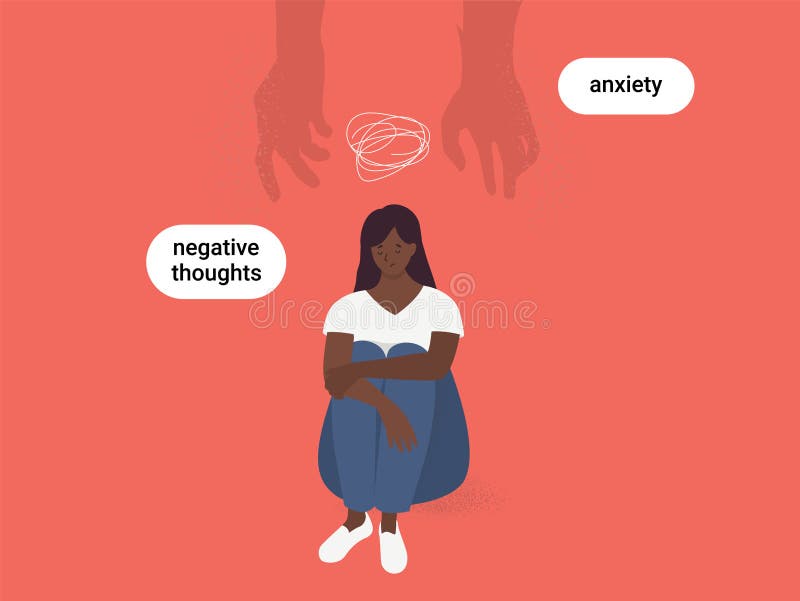 Anxiety and Negative Thoughts. Sad Woman with Depression Stock Vector ...