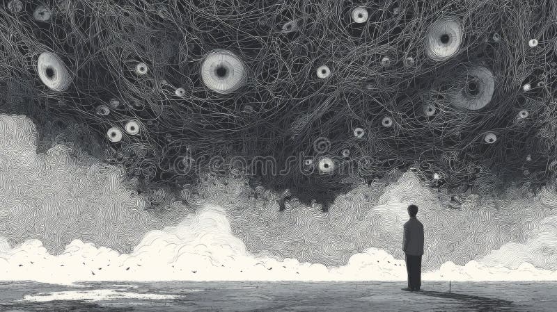Anxiety Symbolized, Floating Cloud of Tangled Wires and Eyes Hovering ...