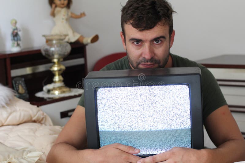 Anxious Man Watching Tv Static Stock Photo - Image of contagious, house ...
