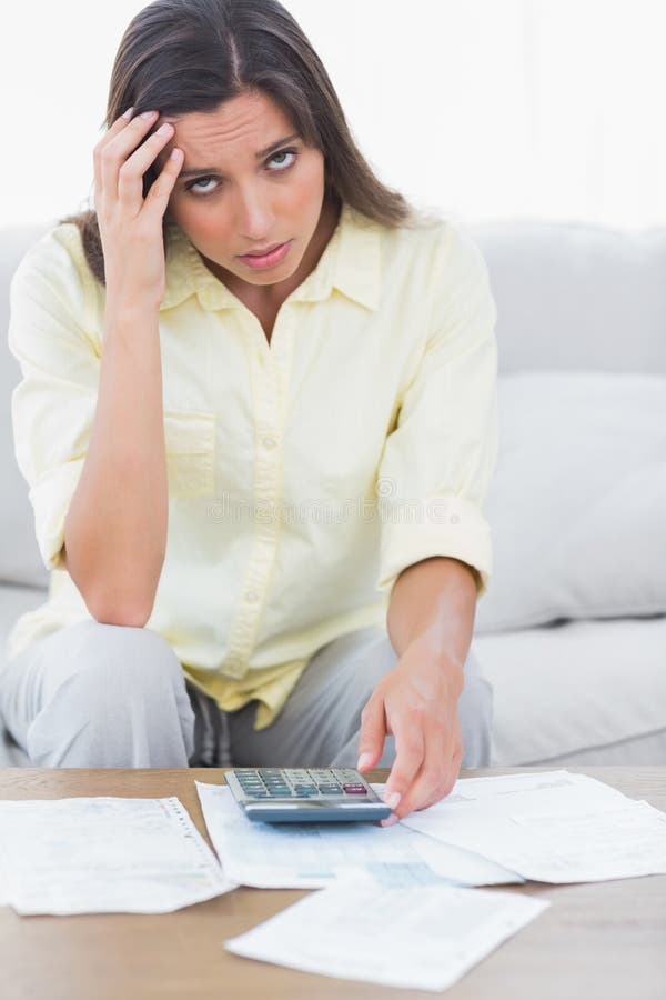 Anxious Woman Doing Her Accounts Stock Photo - Image of brown, anxious ...
