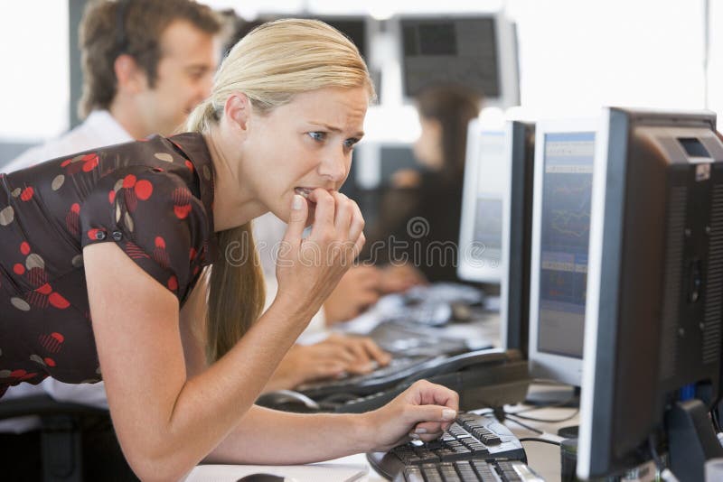 Anxious Woman Looking at Computer Monitor Stock Photo - Image of multi ...