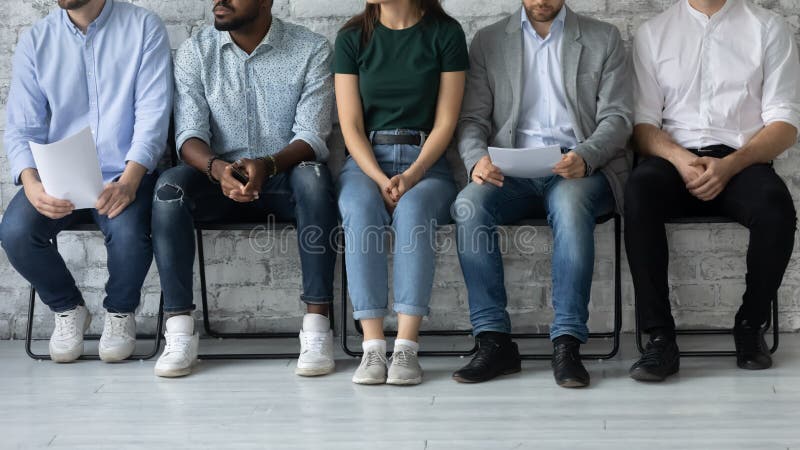 Anxious Work Applicants Sit in Line Wait for Interview Stock Photo ...