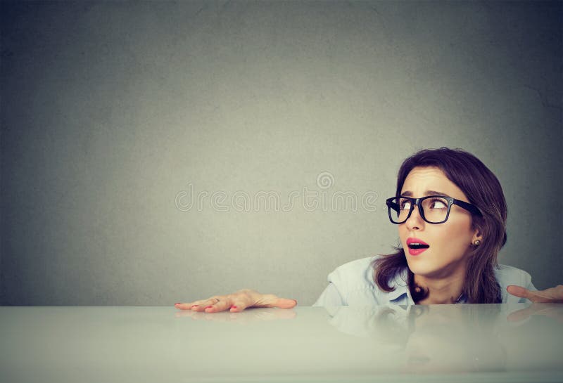 Anxious Young Woman Hiding Peeking Under Table Stock Photos - Free ...
