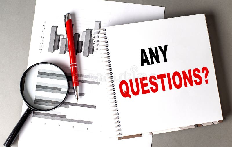 Notebook with ANY QUESTIONS Word with Office Tools on White Table Stock ...