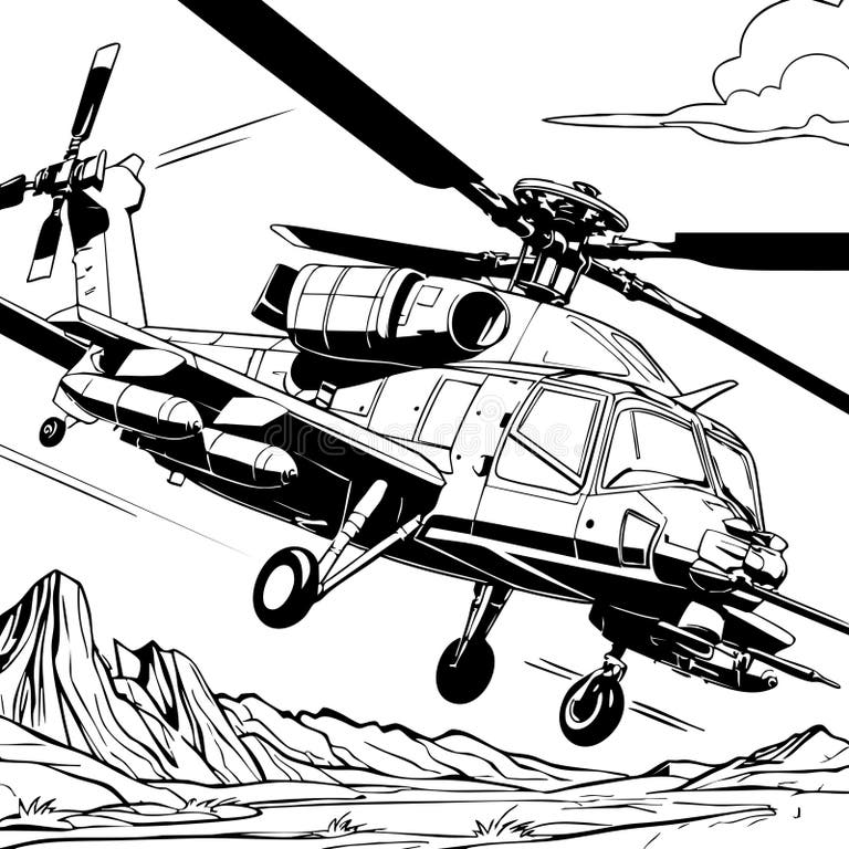 Apache Attack Helicopter Flying Over Rugged Terrain Coloring Page Stock ...