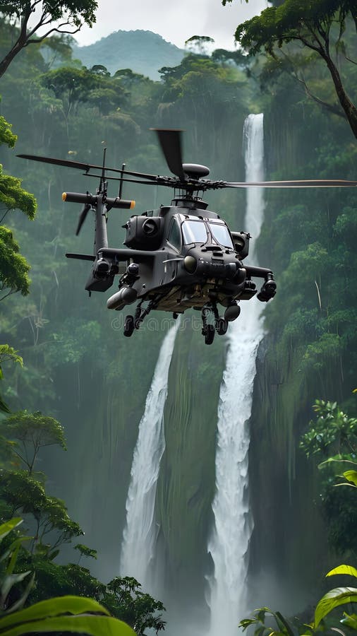 Apache Helicopter Flying between the Green Trees in the Jungle Stock ...