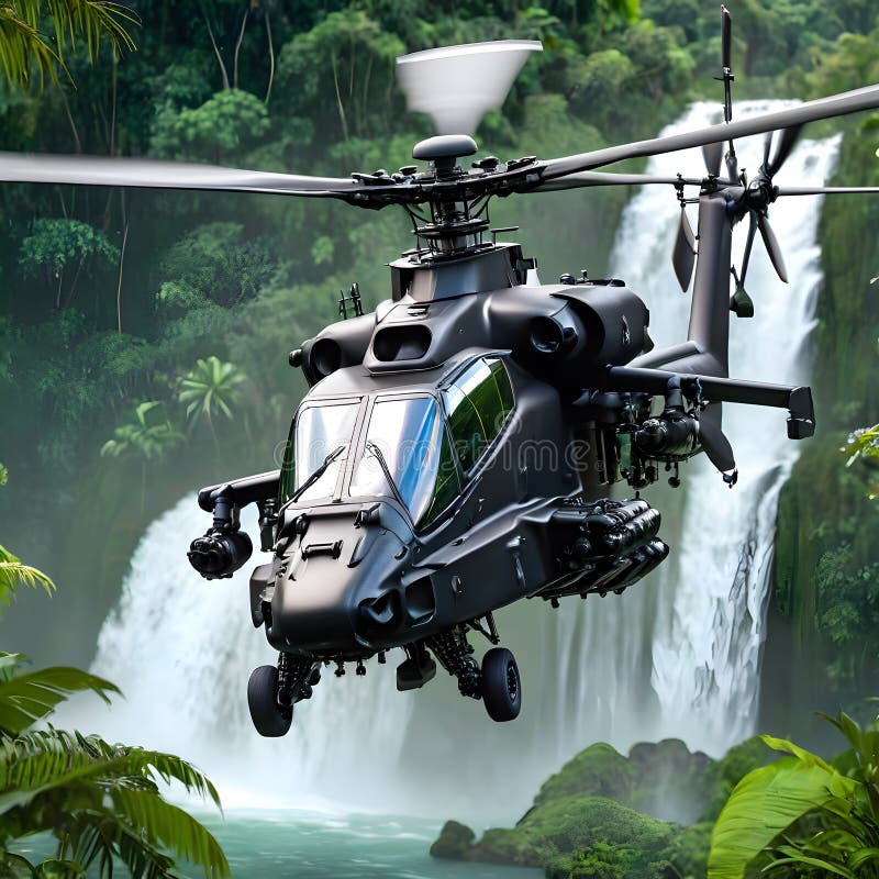 Apache Helicopter Flying between the Green Trees in the Jungle Stock ...