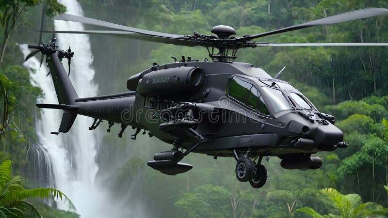 Apache Helicopter Flying between the Green Trees in the Jungle Stock ...
