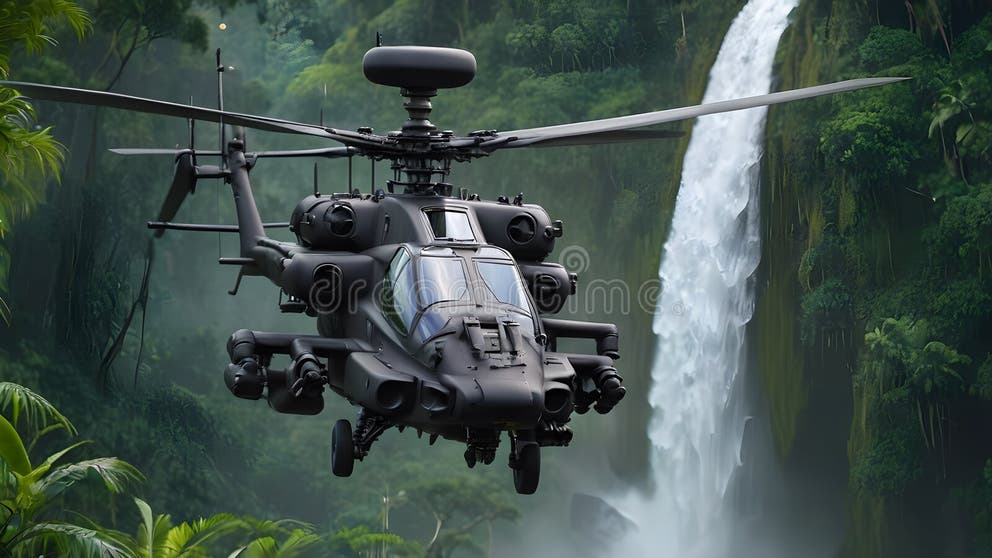 Apache Helicopter Flying between the Green Trees in the Jungle Stock ...