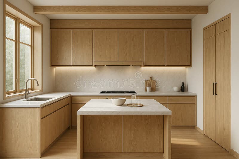 Apandi Style Kitchen with Oak Cabinets and Natural Light Stock ...