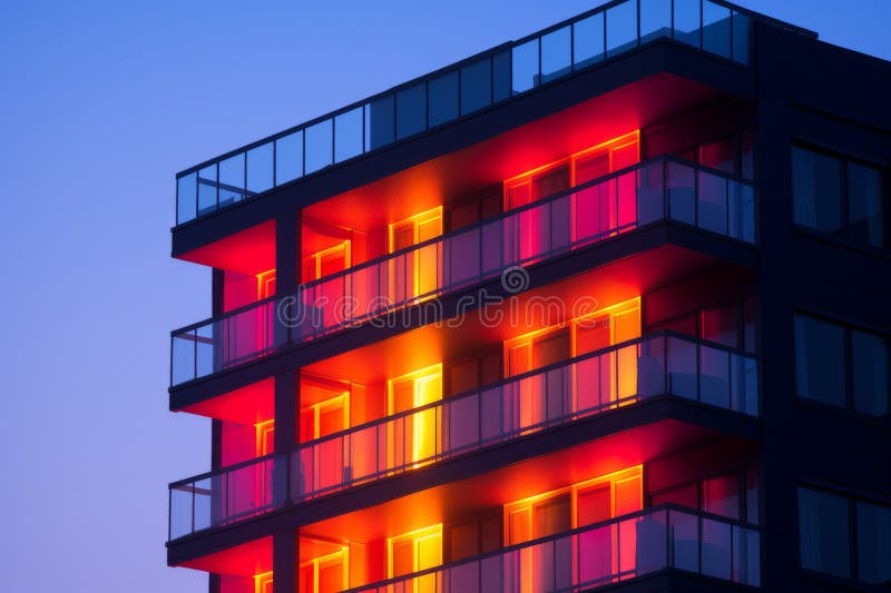 An Apartment Building Lit Up with Red and Orange Lights Stock ...