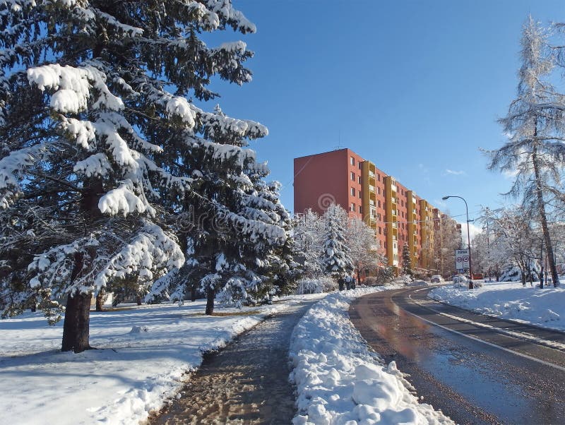Apartment Building in Winter Stock Image - Image of apartment, road ...