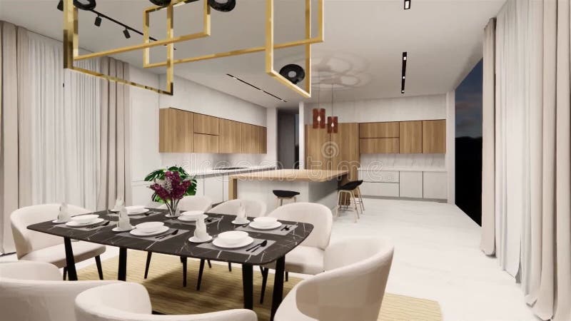 Apartment Dinning and Kitchen Interior Design 3d Visualization. 3d Render Animation of Modern ...