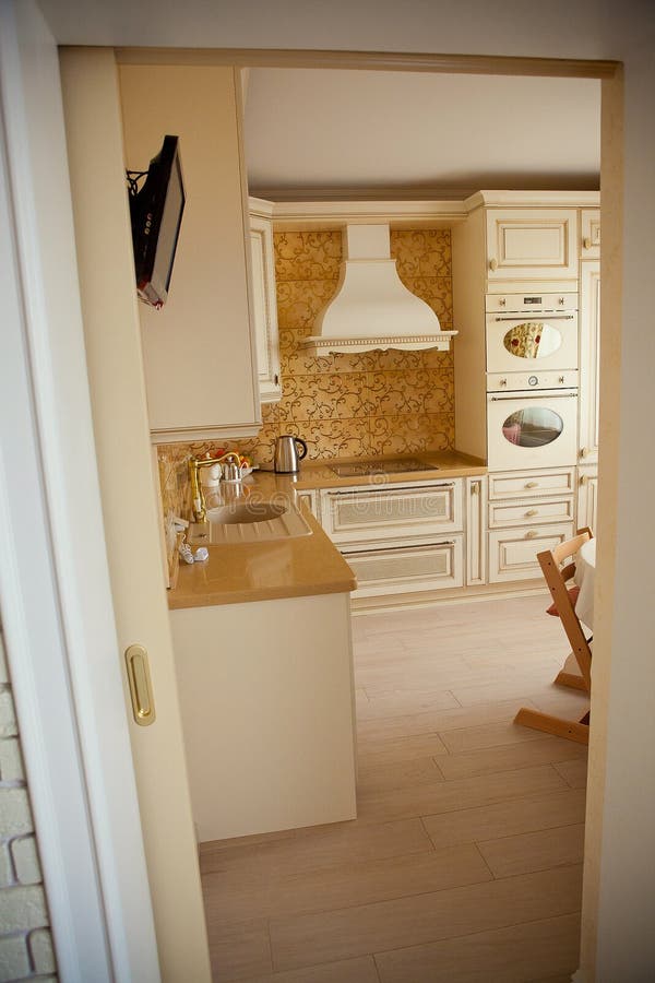 Apartment Flat Kitchen in Ivory Color Stock Photo - Image of design ...