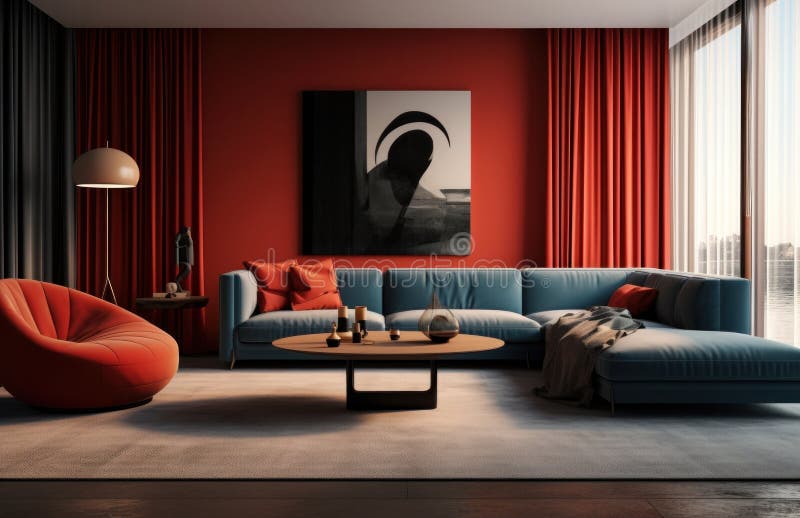 An Apartment with a Grey Couch, a Red Rug, and Red Curtains, Stock ...