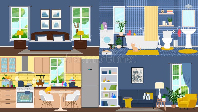 Apartment Inside. Rooms with Furniture. Vector Flat Illustration. Stock ...