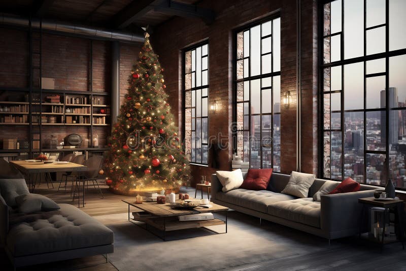 Apartment Loft Interior with Christmas Tree and Lights. AI Generative ...